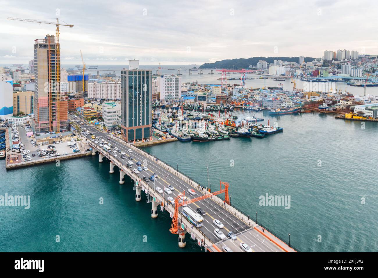 Scenic top view of the Port of Busan and Yeongdo Bridge in Busan, South ...