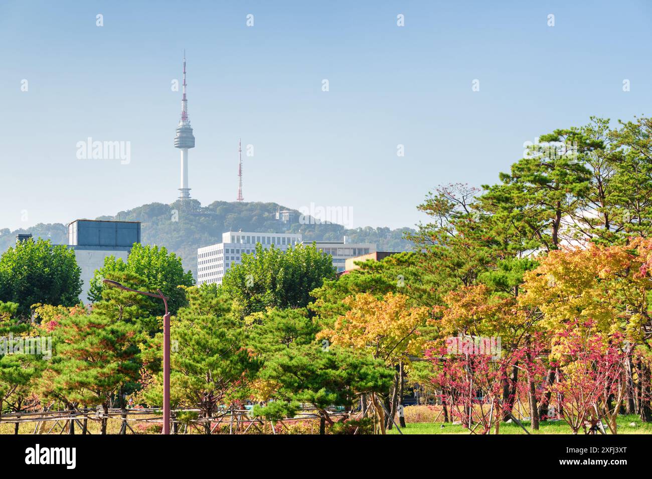 Scenic colorful autumn park in Seoul, South Korea. Namsan Seoul Tower ...