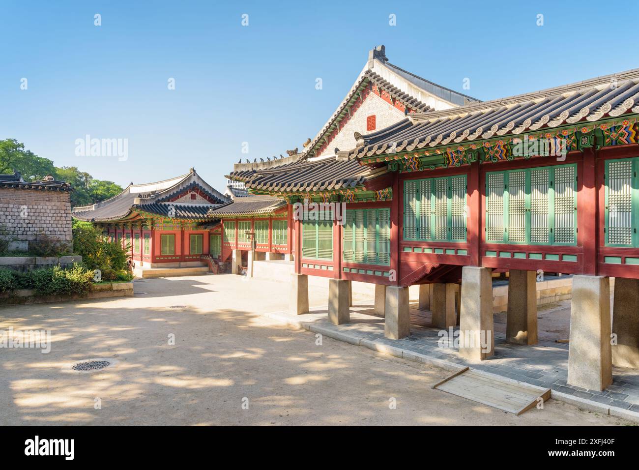 Colorful buildings of Changdeokgung Palace on blue sky background in ...
