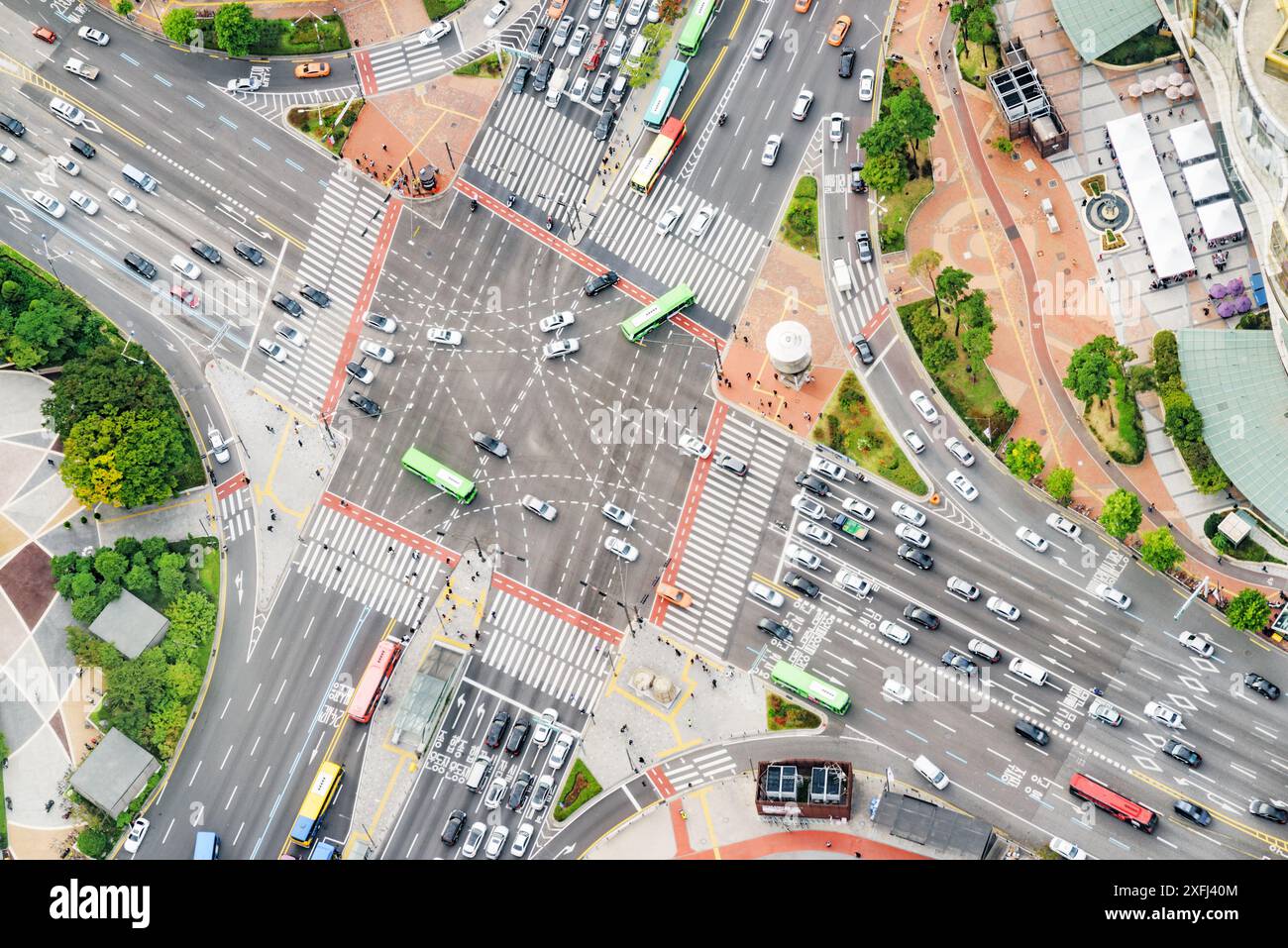 Top view of road intersection at downtown of Seoul in South Korea. Cars ...