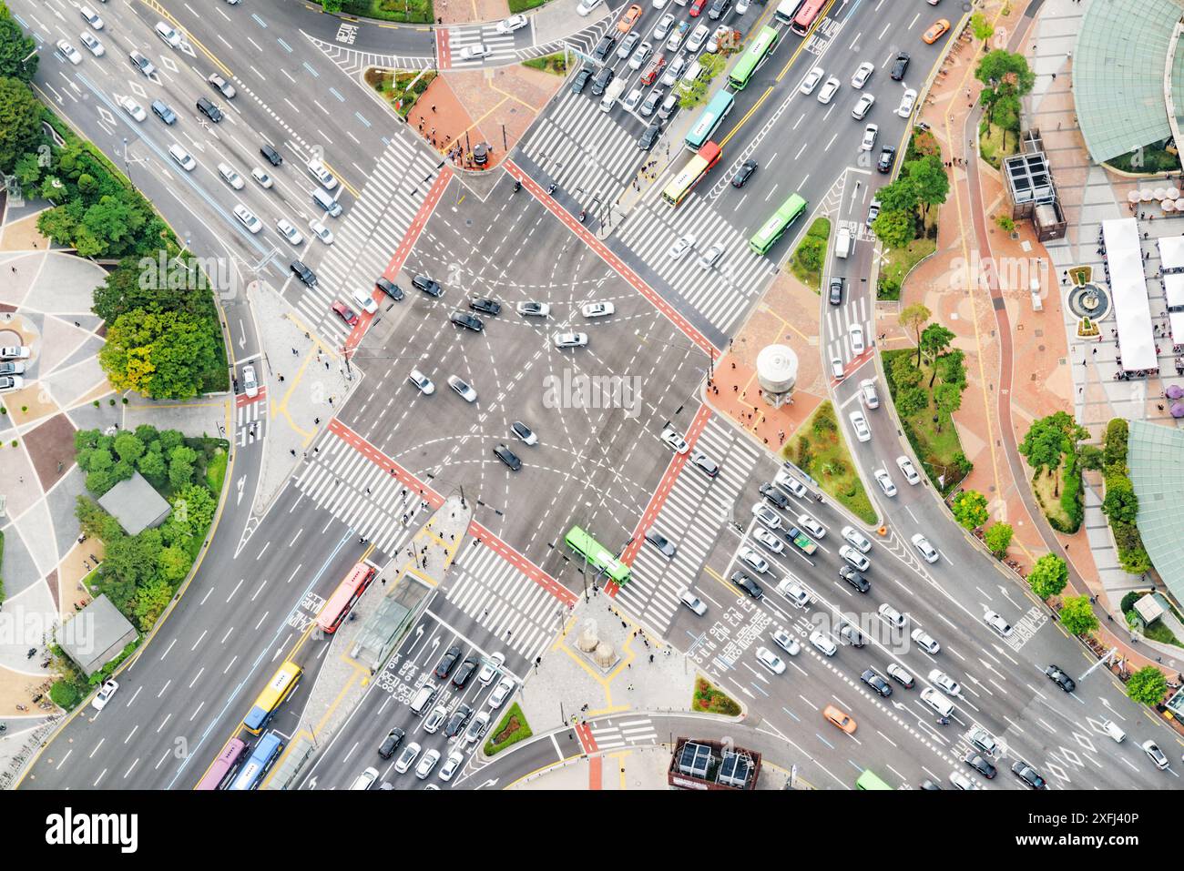 Scenic aerial view of road intersection at downtown of Seoul in South ...
