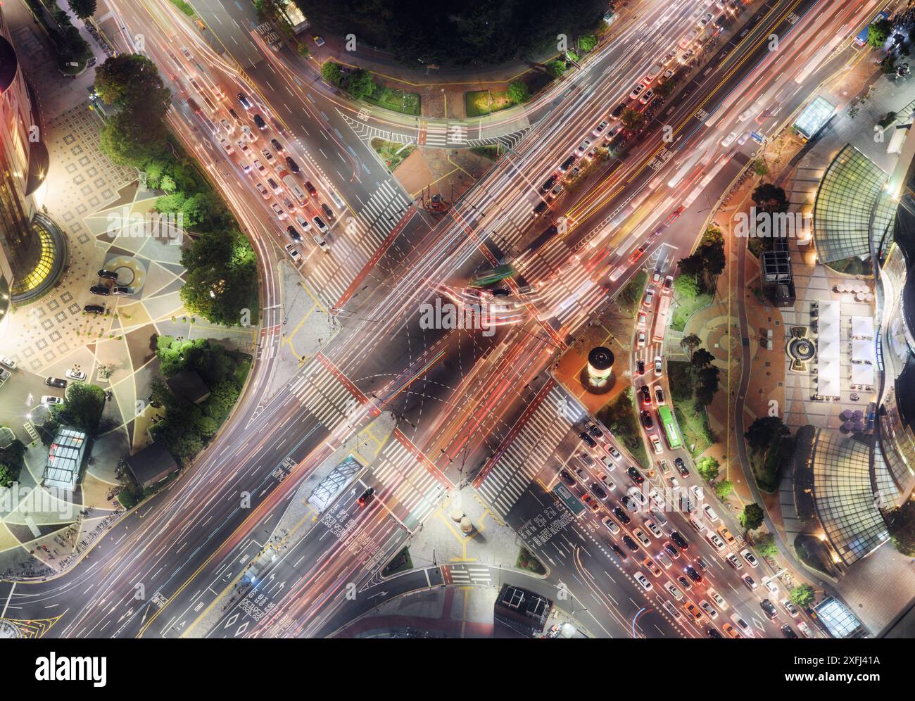 Night top view of road intersection at downtown of Seoul in South Korea ...
