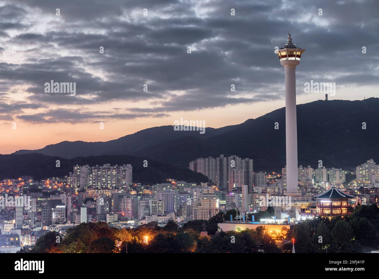 Amazing evening view of Busan Tower at sunset in Busan, South Korea ...