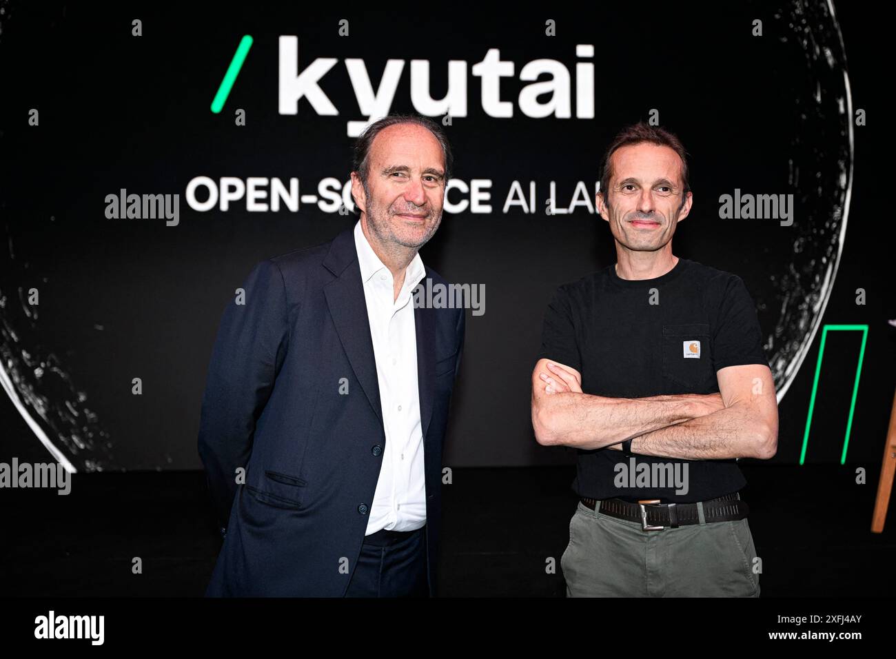 Xavier Niel and Patrick Perez at the launch of Kyutai the first independent european research ...