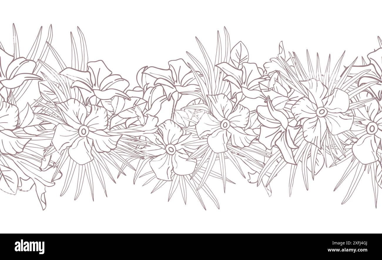 Jasmine flower and palm leaves line art seamless pattern boarder for ...