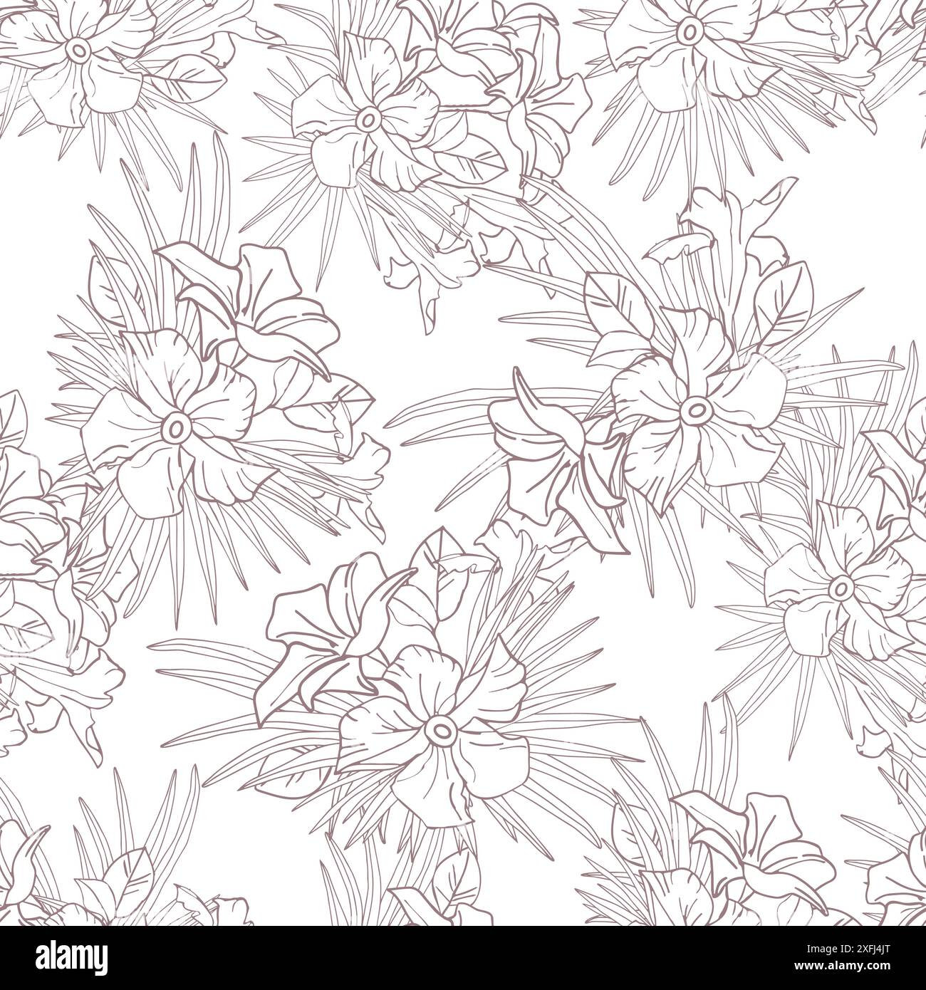 Jasmine flower and palm leaves line art seamless pattern for textile, scrapbook or wallpaper ...