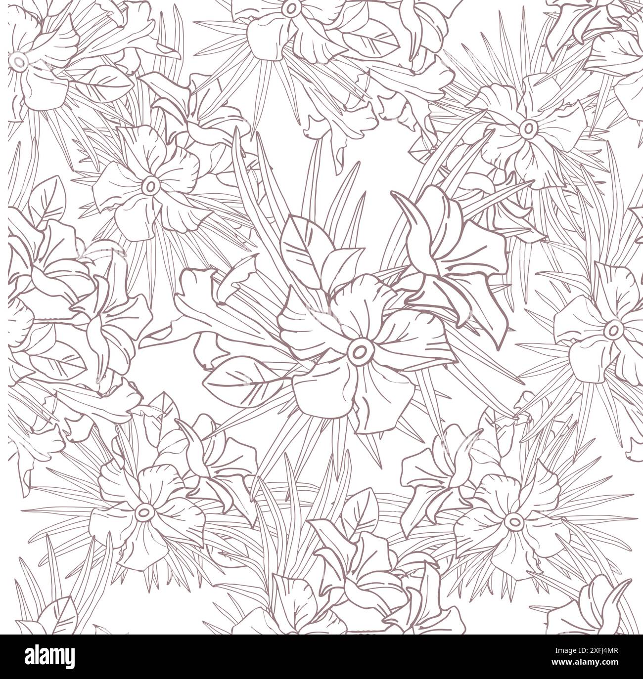 Jasmine flower and palm leaves line art seamless pattern for textile ...