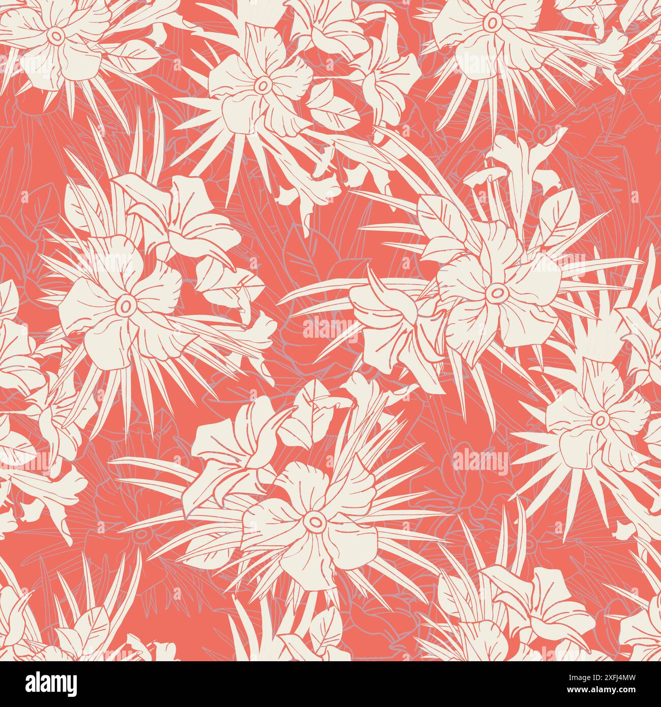 Jasmine flower and palm leaves silhouette seamless pattern for textile, scrapbook or wallpaper ...