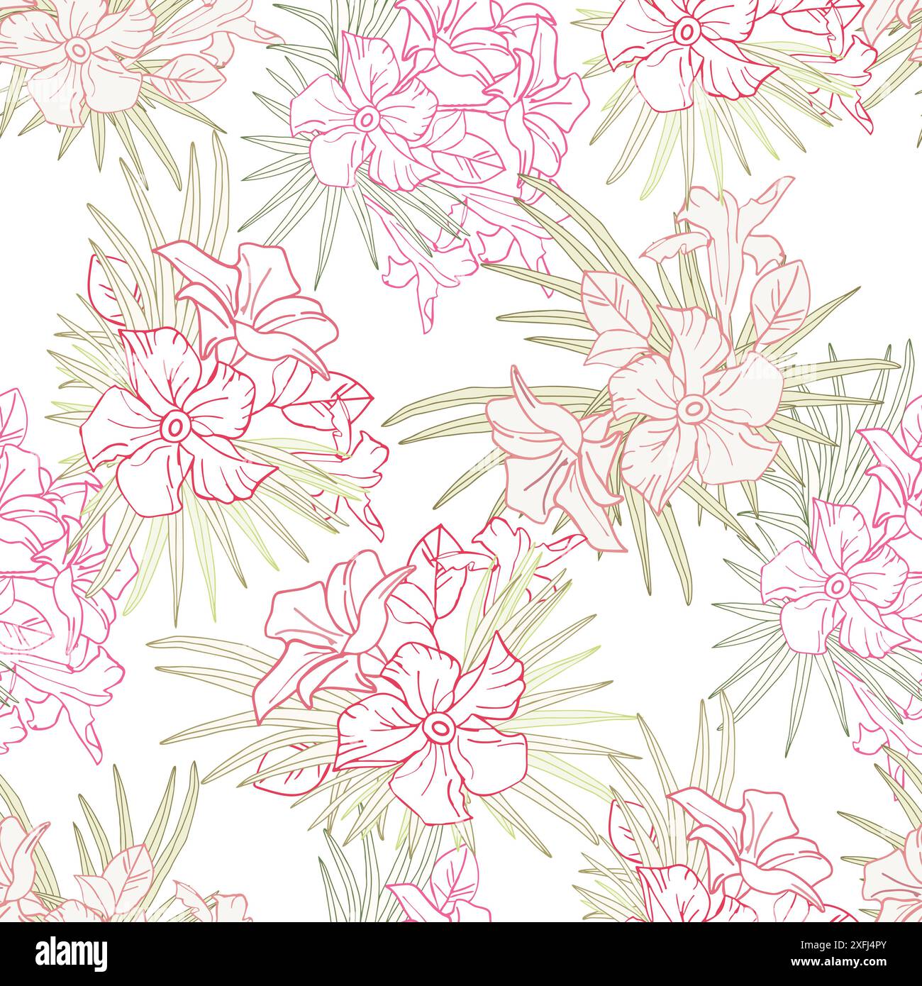 Jasmine flower and palm leaves line art seamless pattern for textile ...