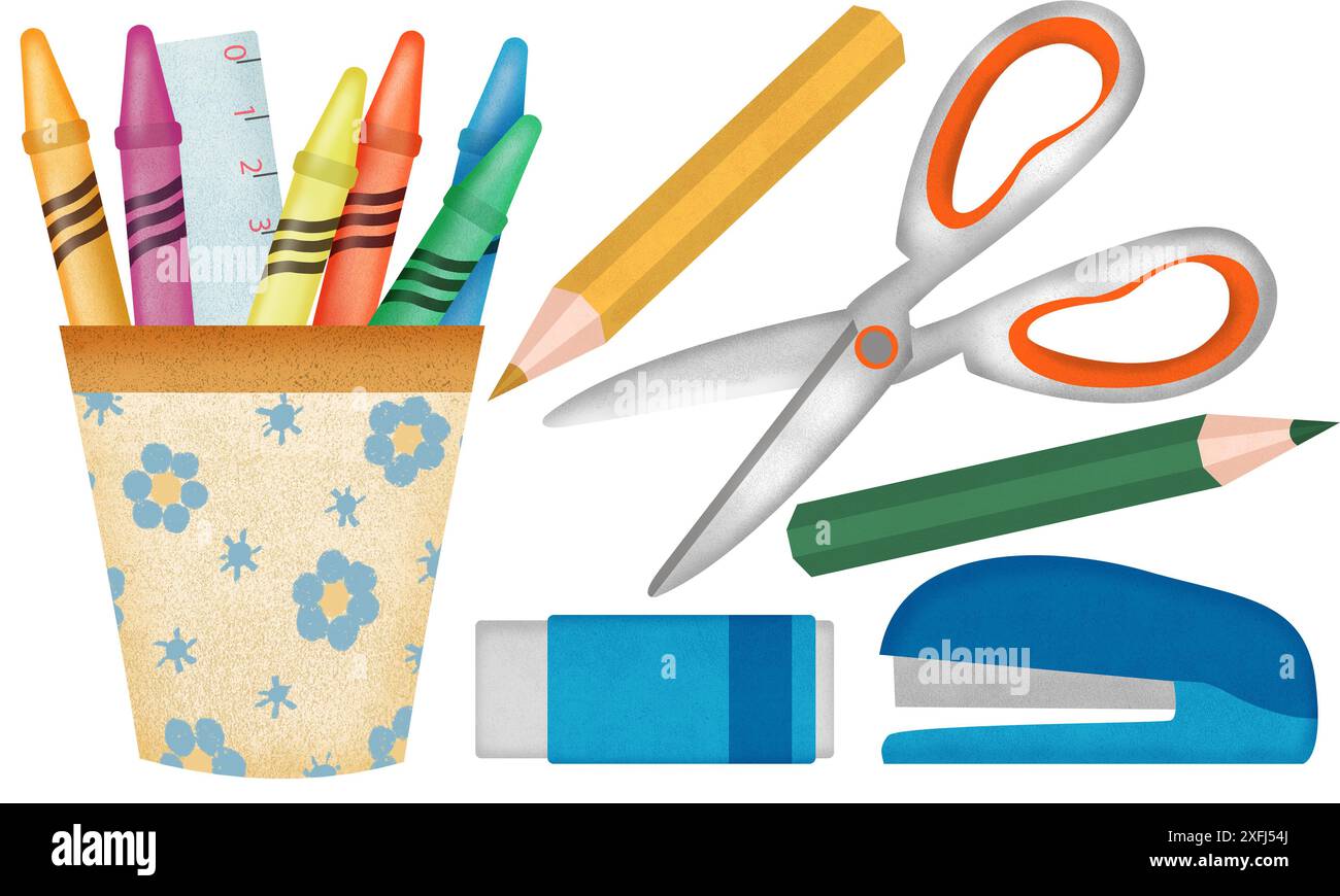 Cute glass with colored crayons, a ruler. School supplies cartoon style ...