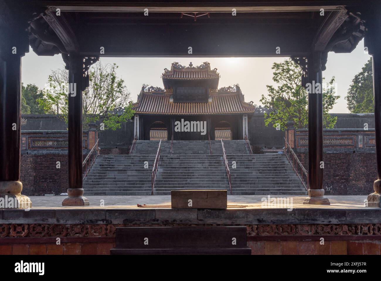 Scenic view of stairs leading to Khiem Cung Gate from Du Khiem Pavilion ...