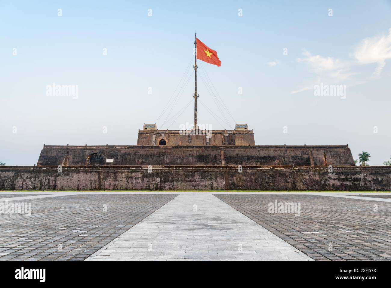 Wonderful view of a square and the flag of Vietnam (red flag with a ...