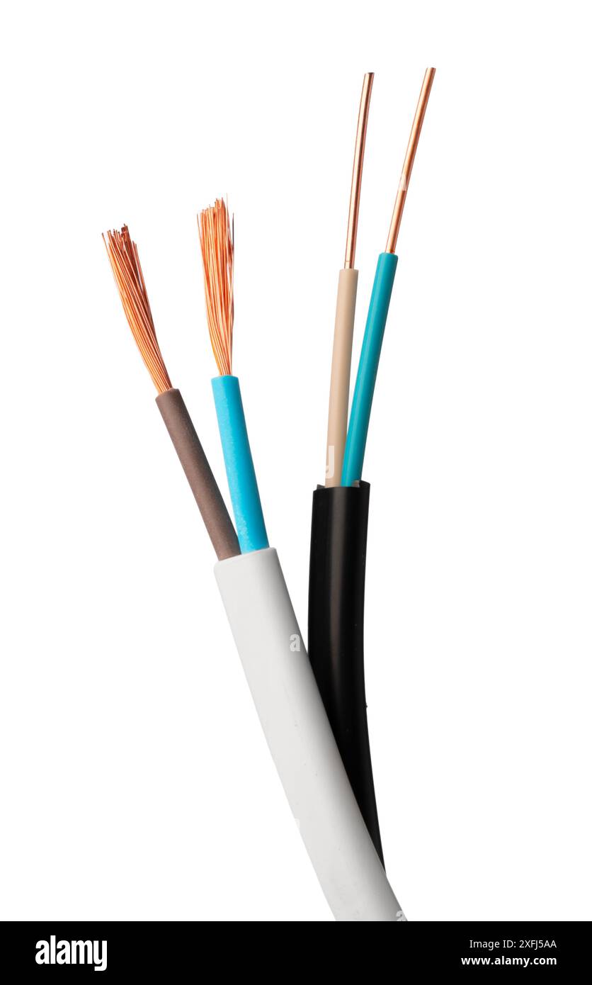 Close Up of Stripped Three-Wire Electrical Cable With White Insulation ...