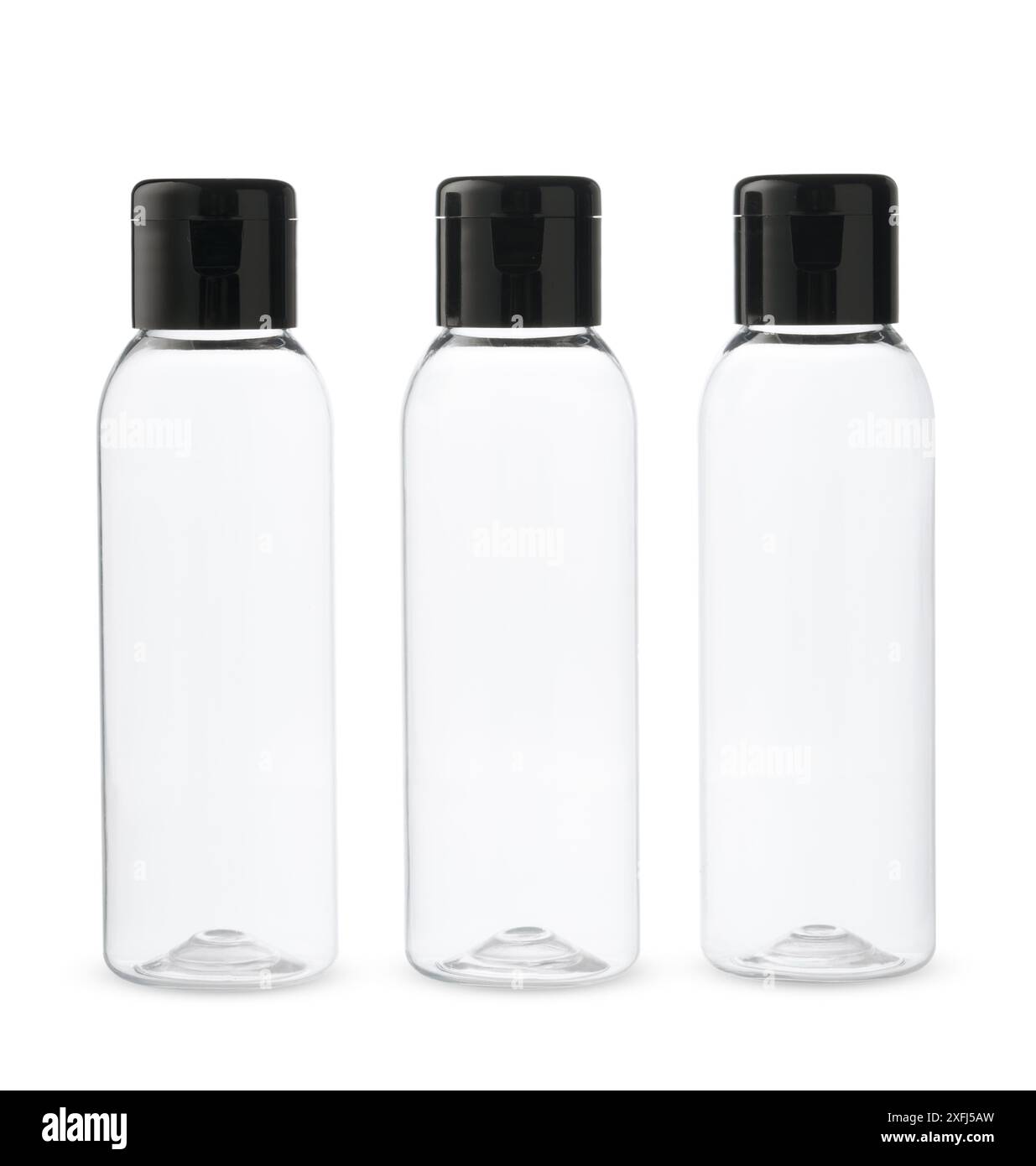 Three Clear Plastic Bottles With Black Caps on a White Background Stock ...