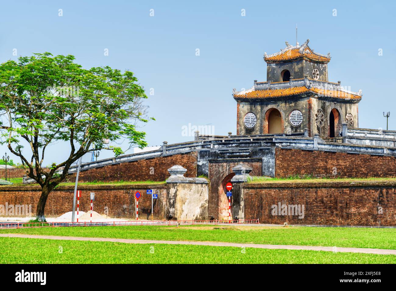 Wonderful view of the Ngan Gate in fortress wall of the Citadel on blue ...