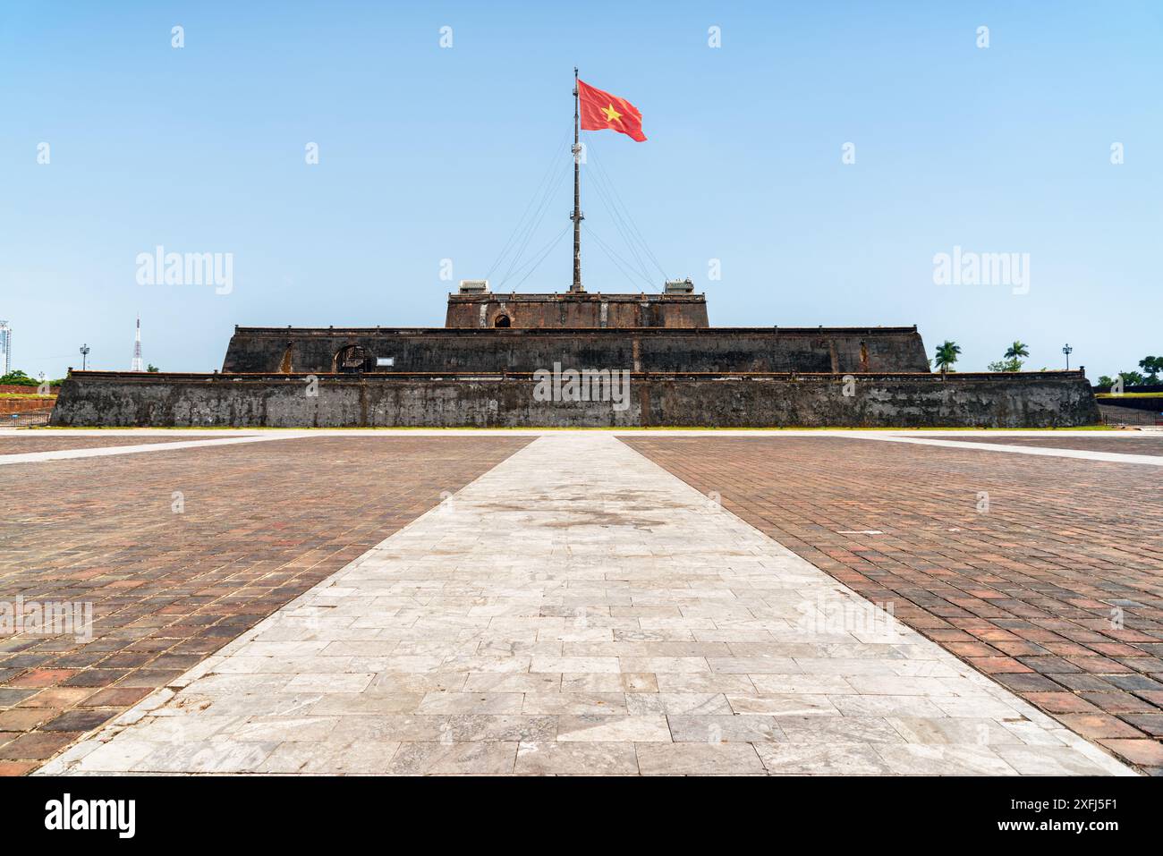 Wonderful view of a square and the flag of Vietnam (red flag with a ...