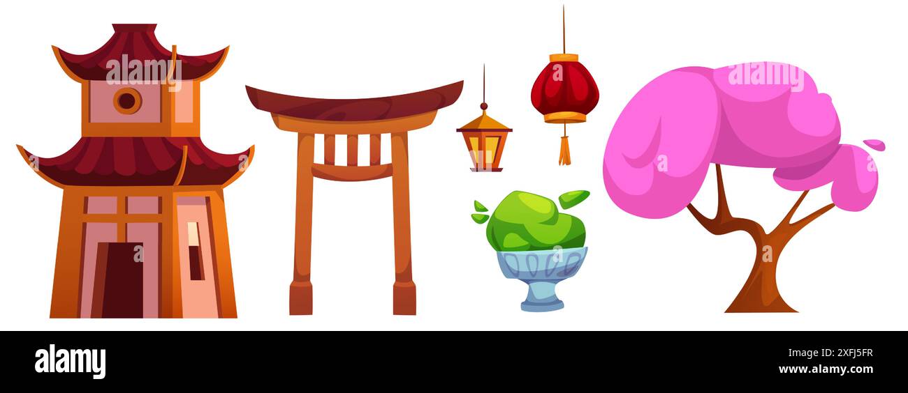 Chinese village or town traditional elements. Cartoon vector ...