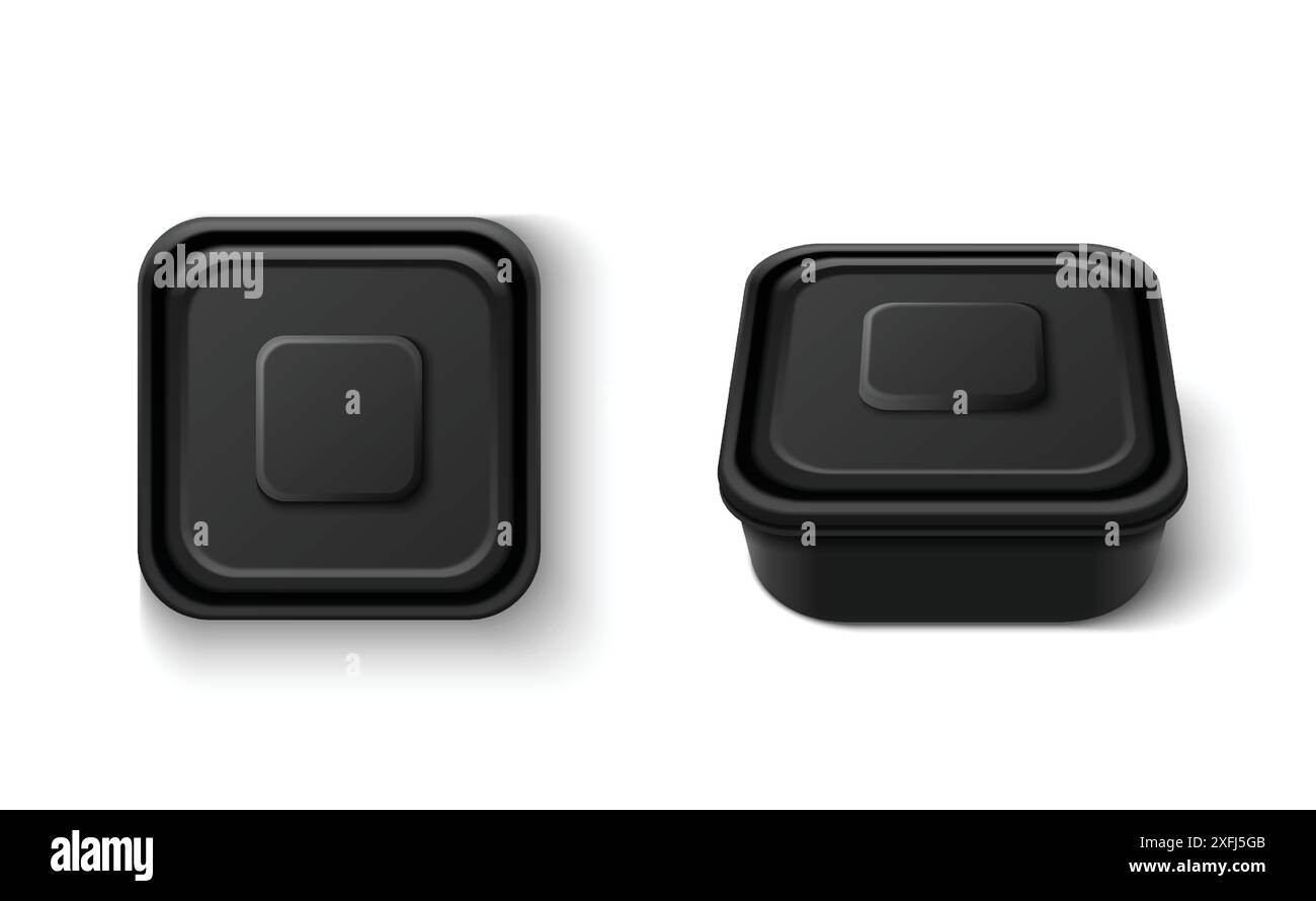 Black square plastic container with cap for food storage. Realistic 3d ...