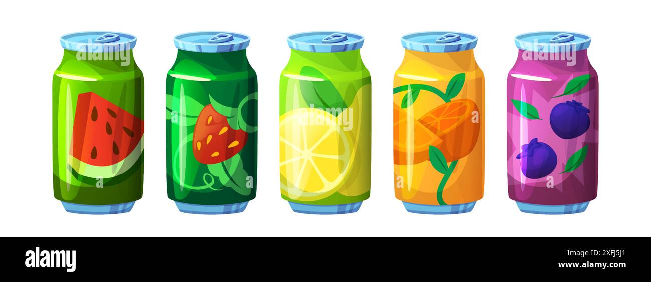 Fruit and berry carbonated soda in tin can. Assorted cool fizzy juice ...