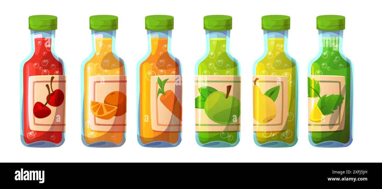 Fruit, berry and vegetable carbonated soda in glass or plastic bottle ...