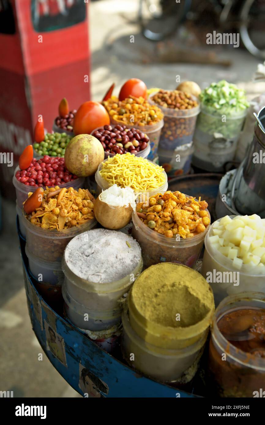 Ingredients for Indian snacks at a roadside vendor in West Bengal ...