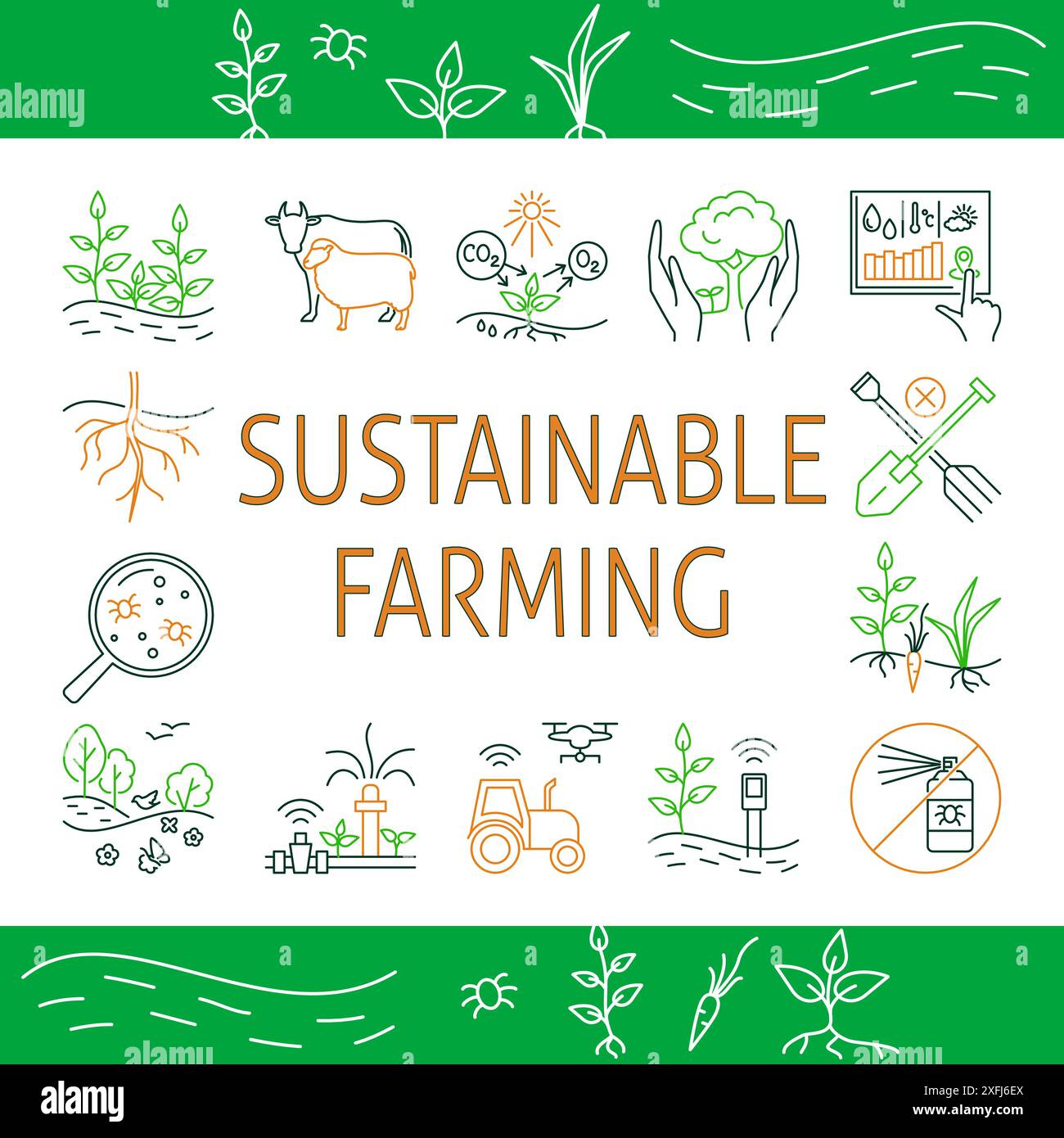 Sustainable farming poster in line style. Organic agriculture concept ...