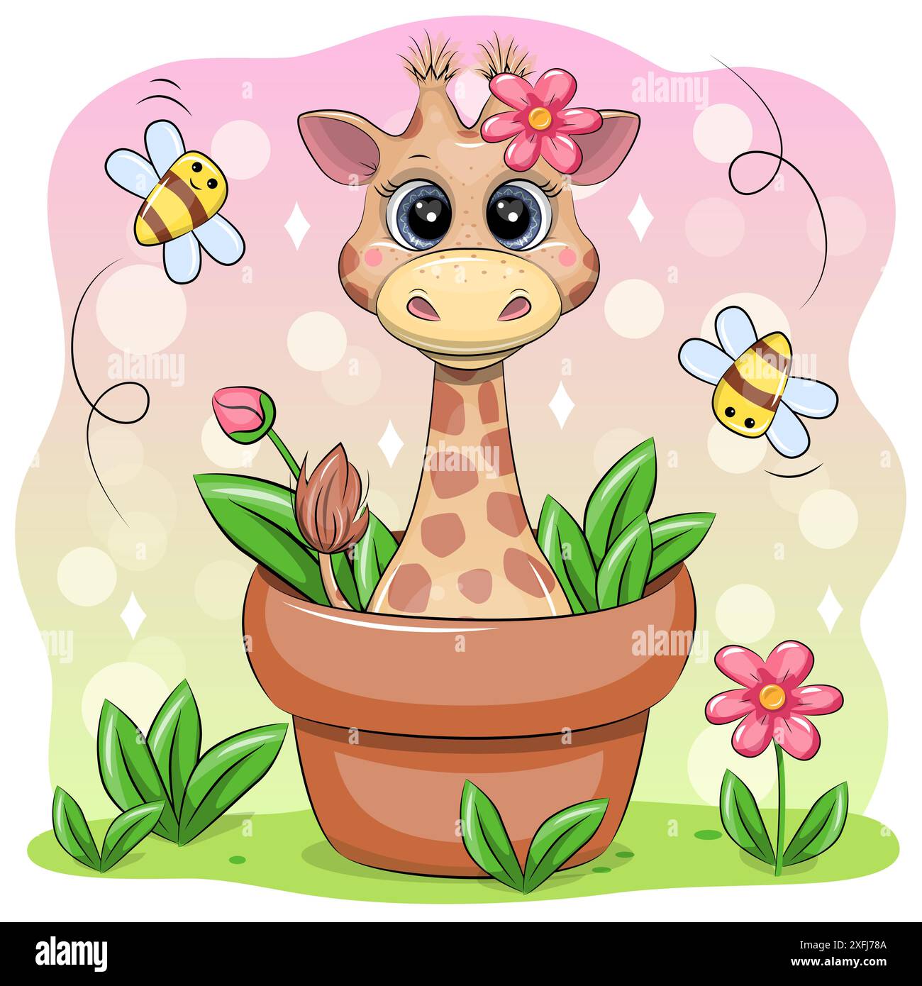 Cute cartoon giraffe in a flower pot with bees and flowers. Vector ...