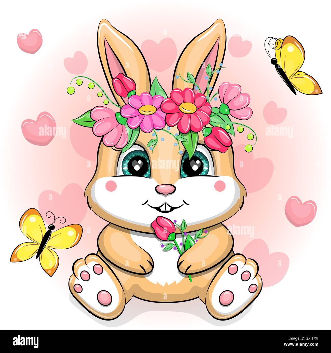 Cute cartoon bunny with flower wreath and butterflies. Vector ...