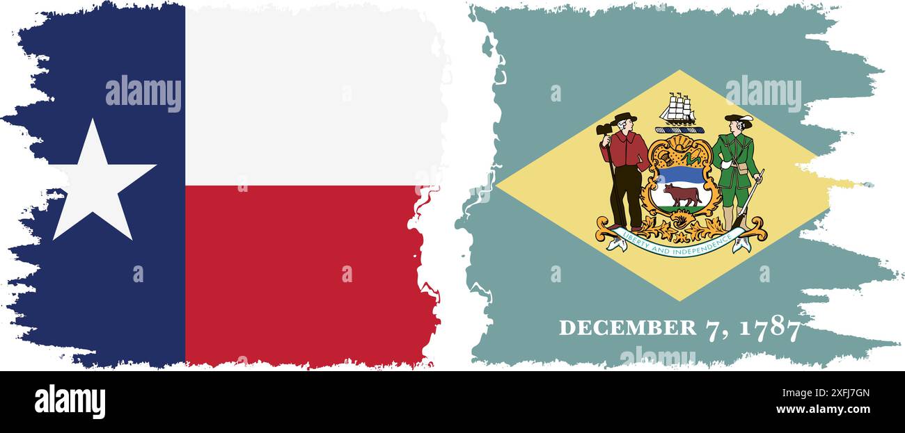 Delaware and Texas states grunge brush flags connection, vector Stock ...