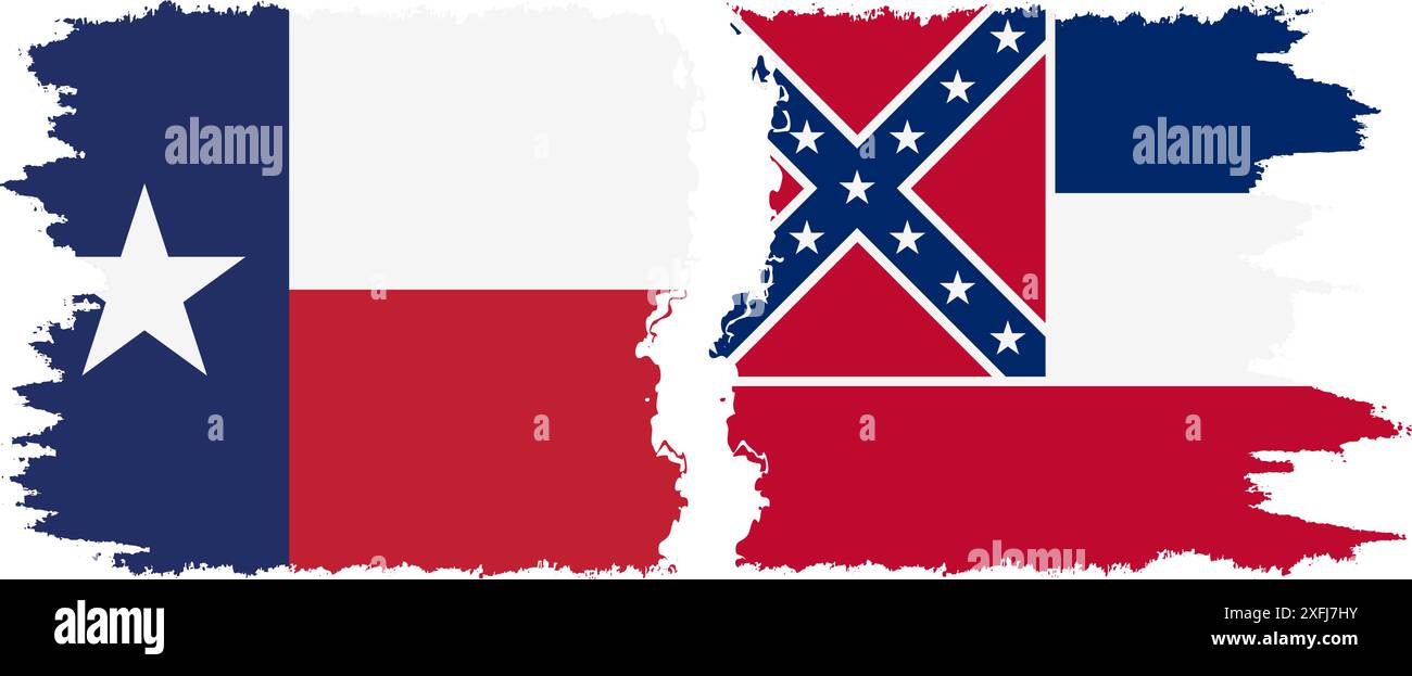 Mississippi and Texas states grunge brush flags connection, vector ...