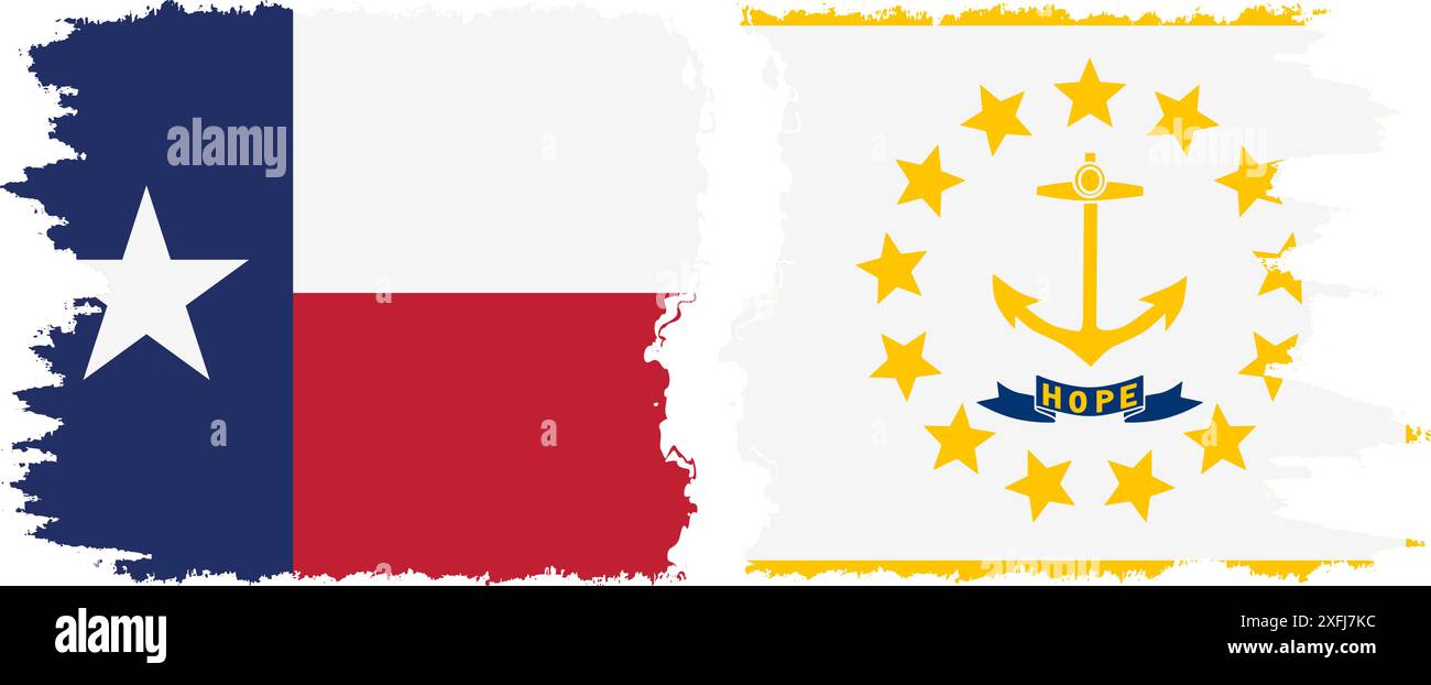 Rhode Island and Texas states grunge brush flags connection, vector ...