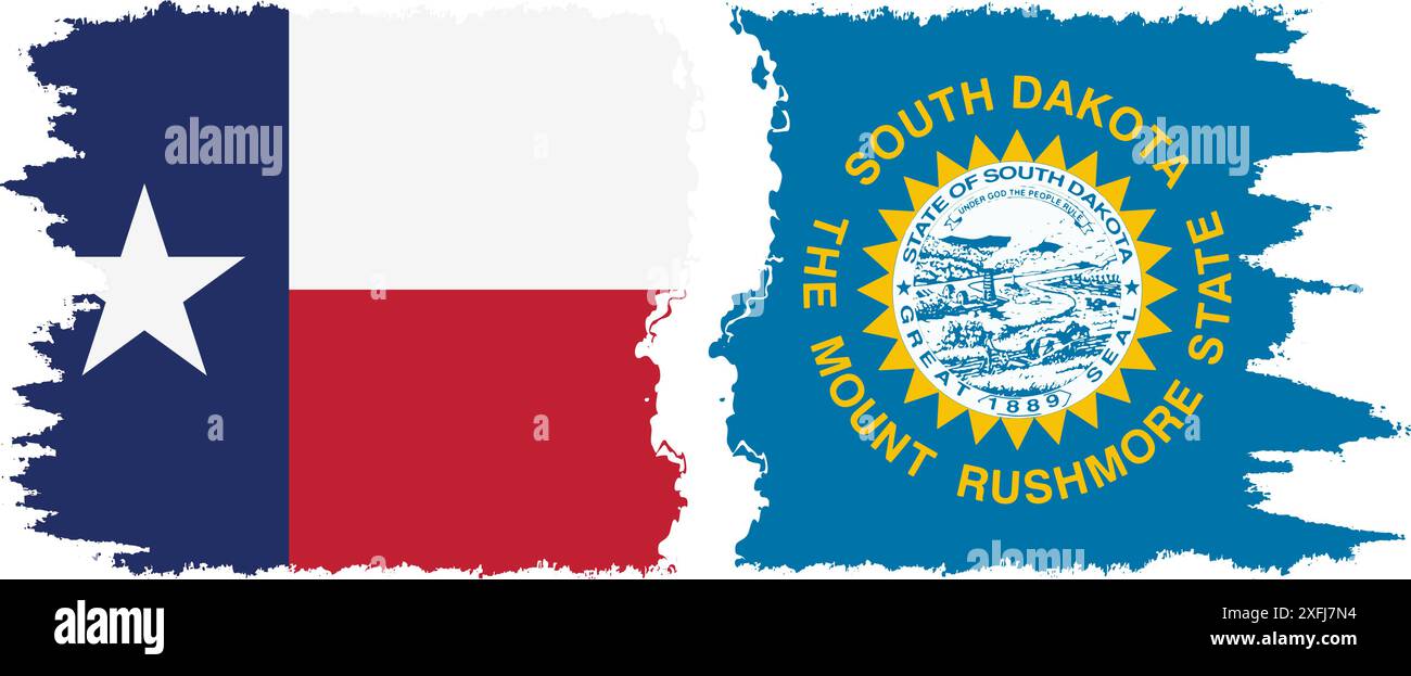 South Dakota and Texas states grunge brush flags connection, vector ...