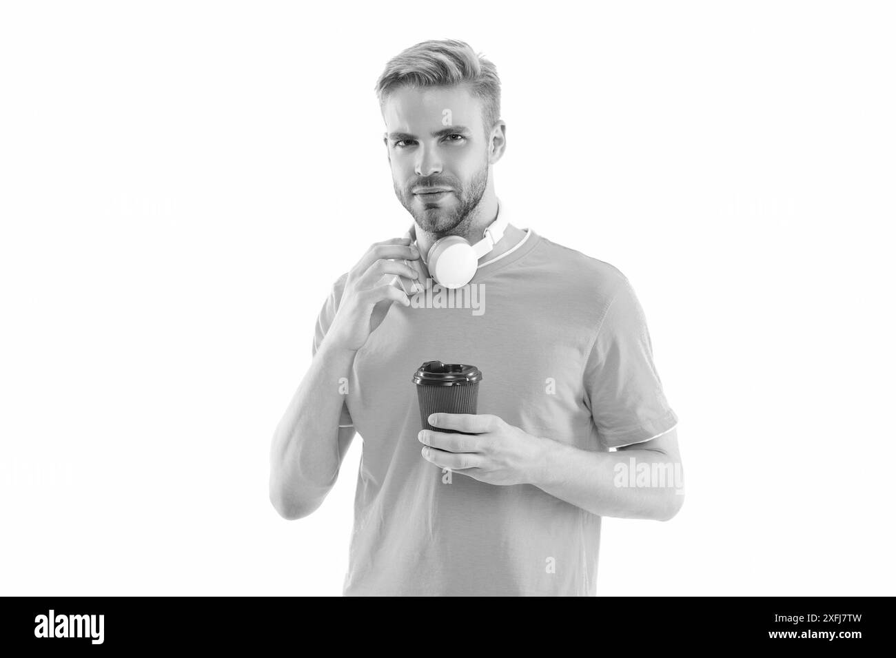millennial guy with coffee isolated on white, lifestyle. millennial guy ...