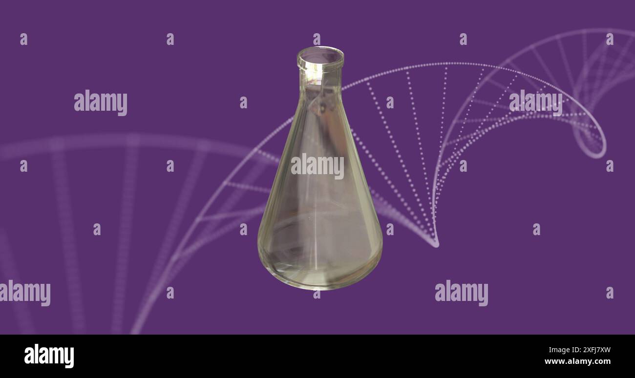 Image of floating chemistry flasks over dna chains on purple background ...