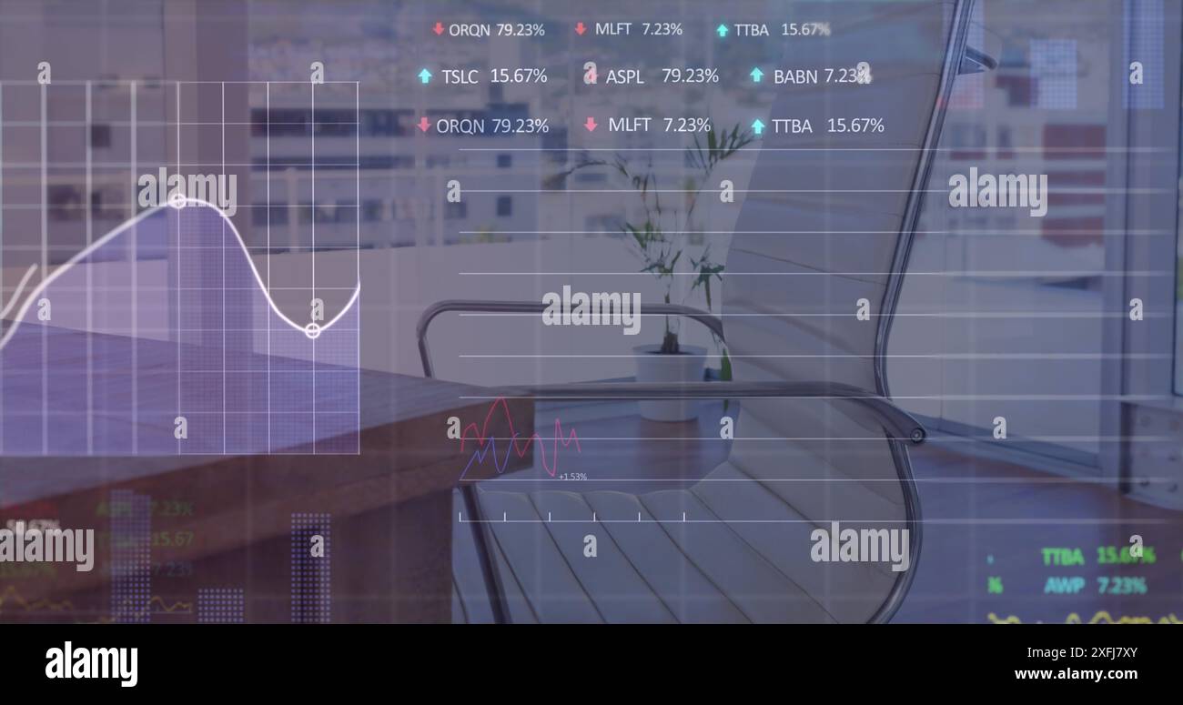 Image of statistical data processing against view of a office desk Stock Photo - Alamy