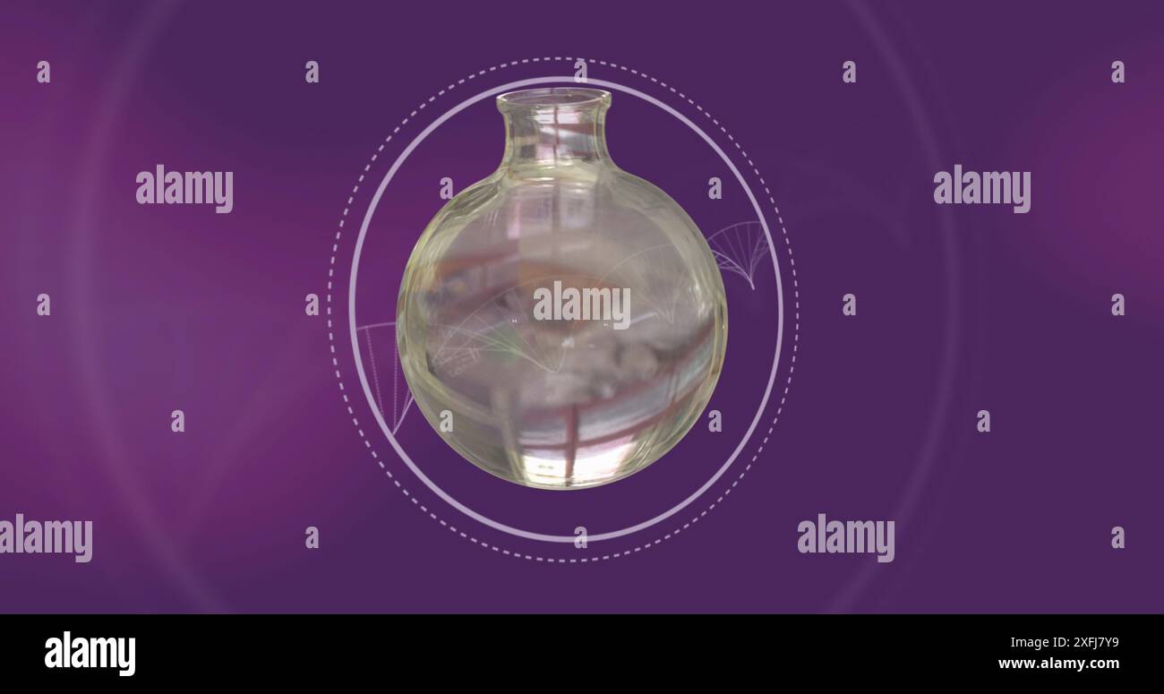 Image of floating chemistry flasks over dna chains on purple background ...