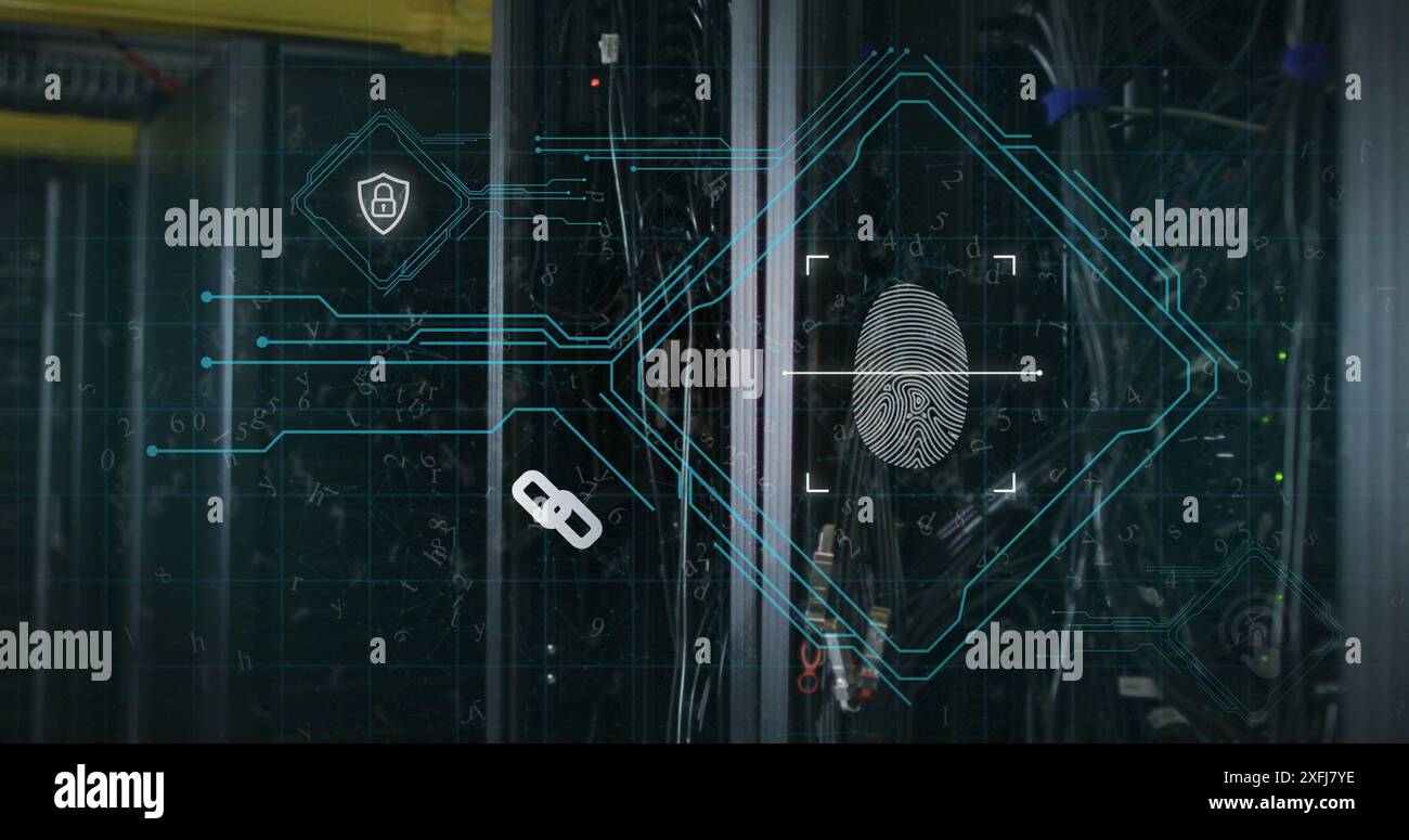 Animaton of interface with biometric fingerprint scanner against computer server room Stock ...