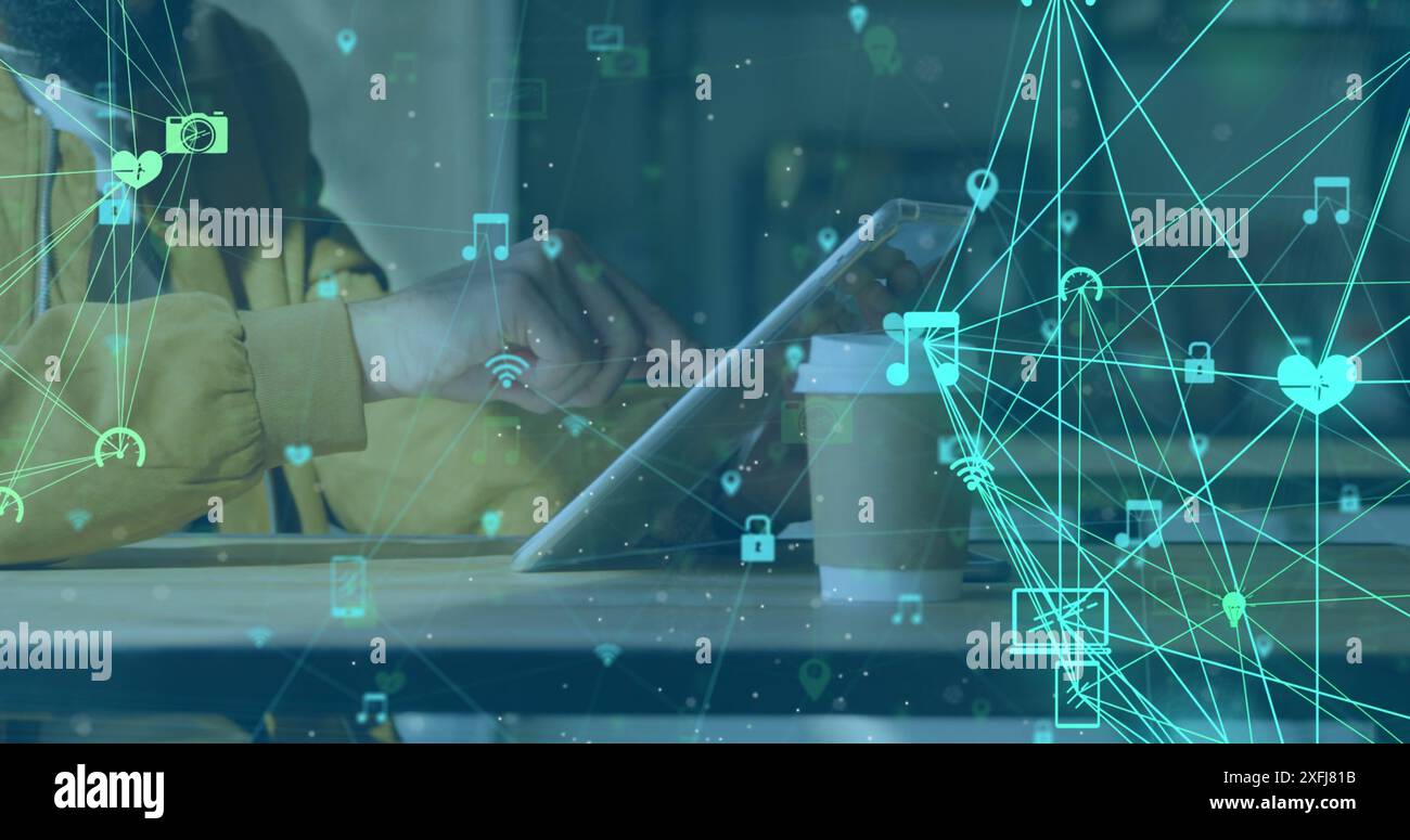 Image of network of connections with interface social media icons over ...