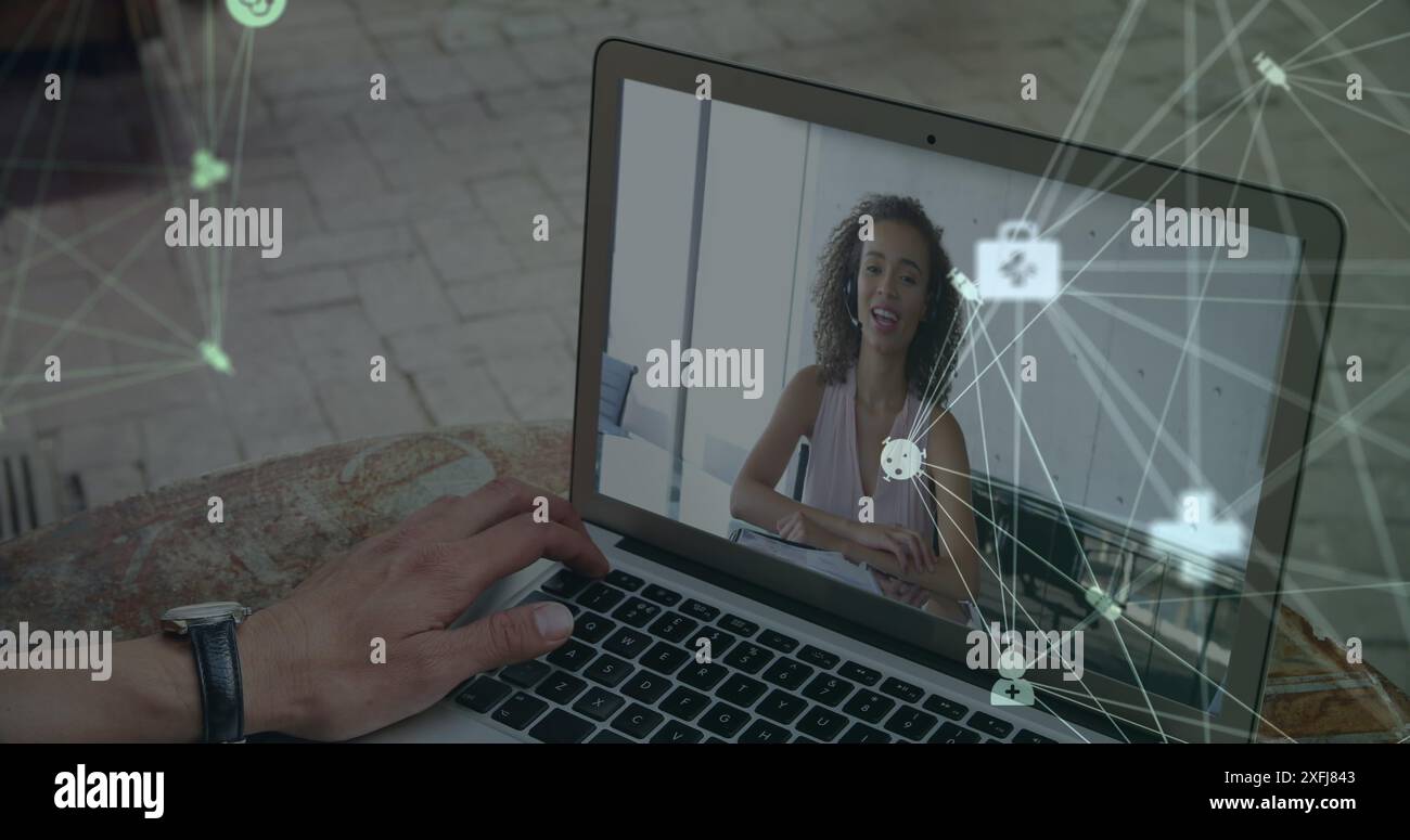 Image of networks of digital internet icons over woman on laptop screen ...