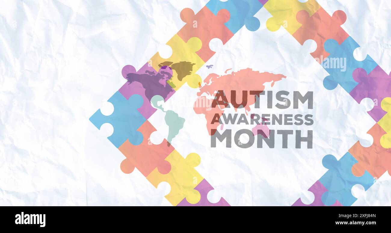 Image of colourful puzzle pieces, autism awareness month text Stock ...