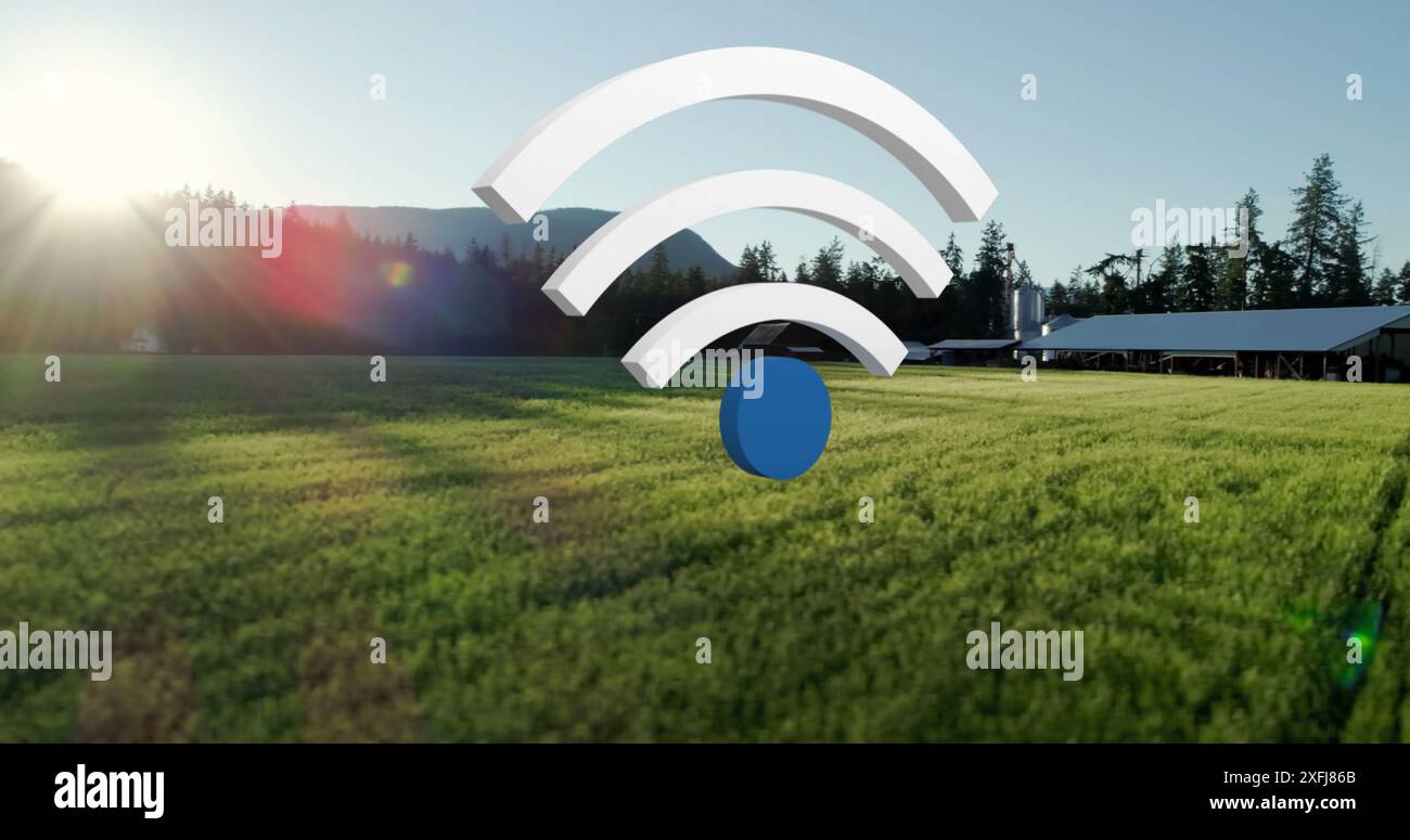 Image of wifi digital icon floating over landscape Stock Photo - Alamy