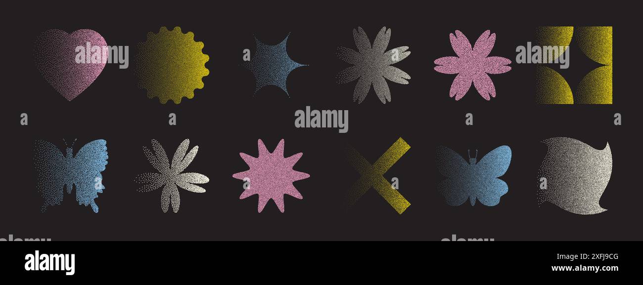 Set of geometric shapes with noise stipple dots in trendy retro style ...