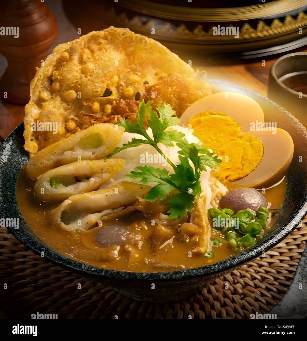A traditional Myanmar breakfast of Mohinga, consisting of rice noodles ...