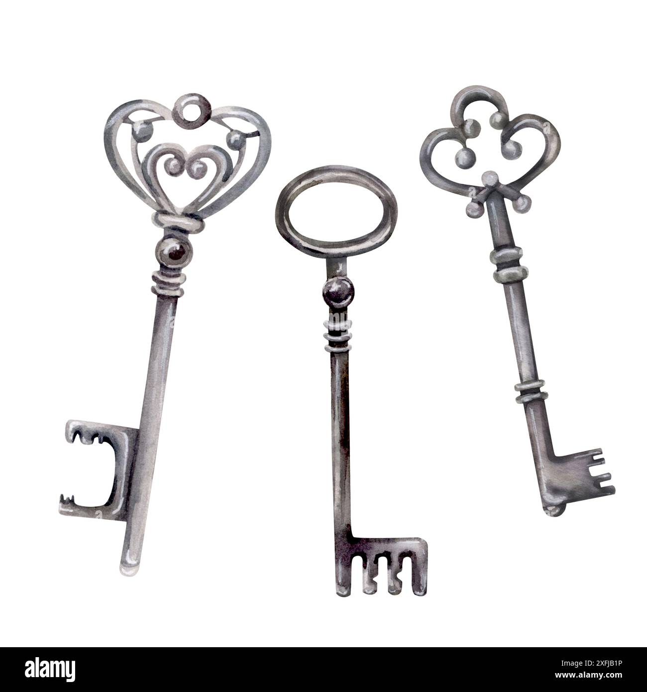 vintage silver keys, watercolor hand drawn Stock Photo - Alamy