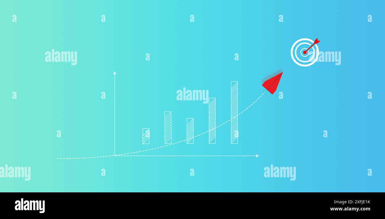 Red airplane flying towards target on light blue background, The ...