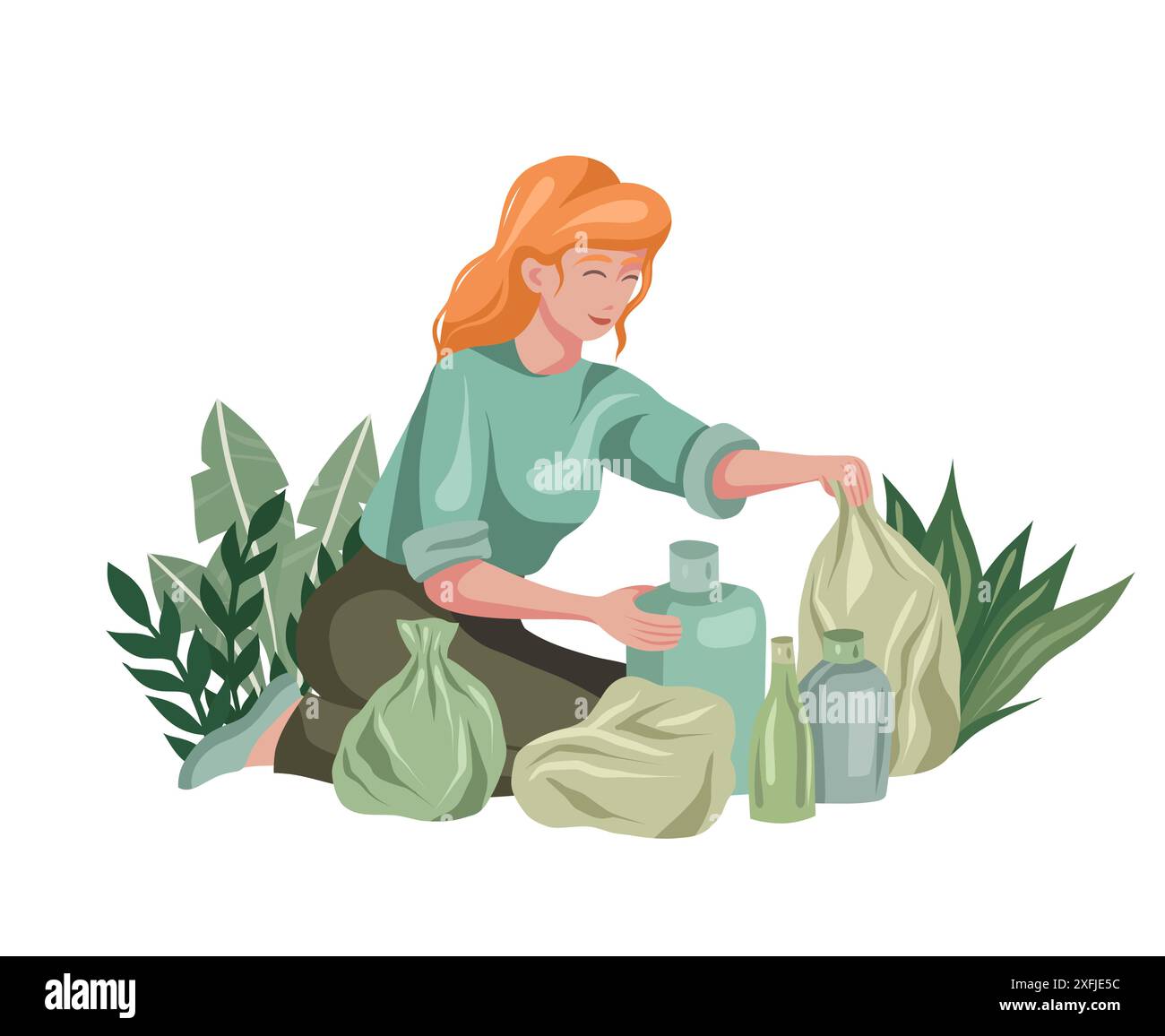 Vector clip art of woman sorting plastic garbage with leaves ...