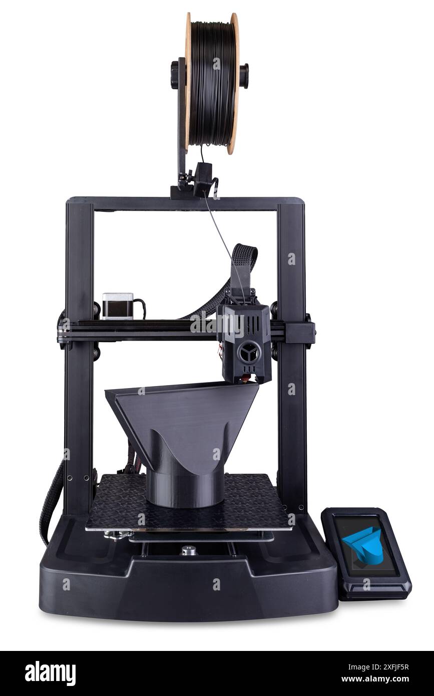 3d high speed printer with spool of black PLA filament material ...