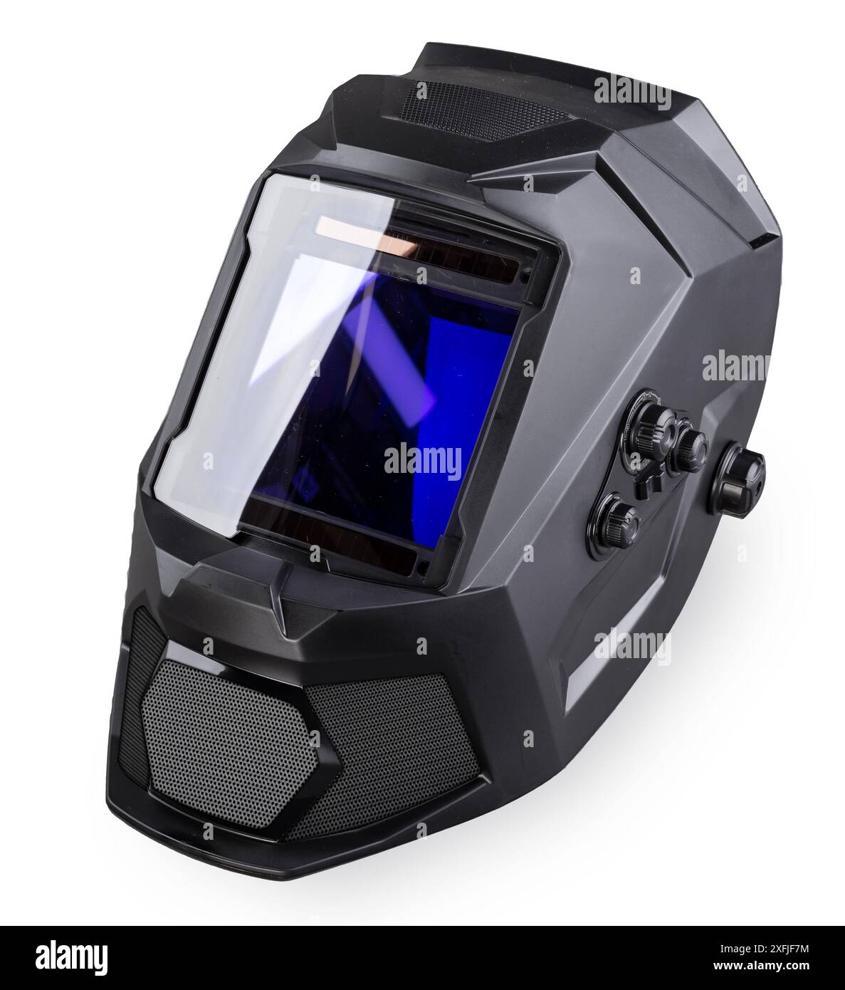 Black modern, full automatic welding helmet isolated on white ...