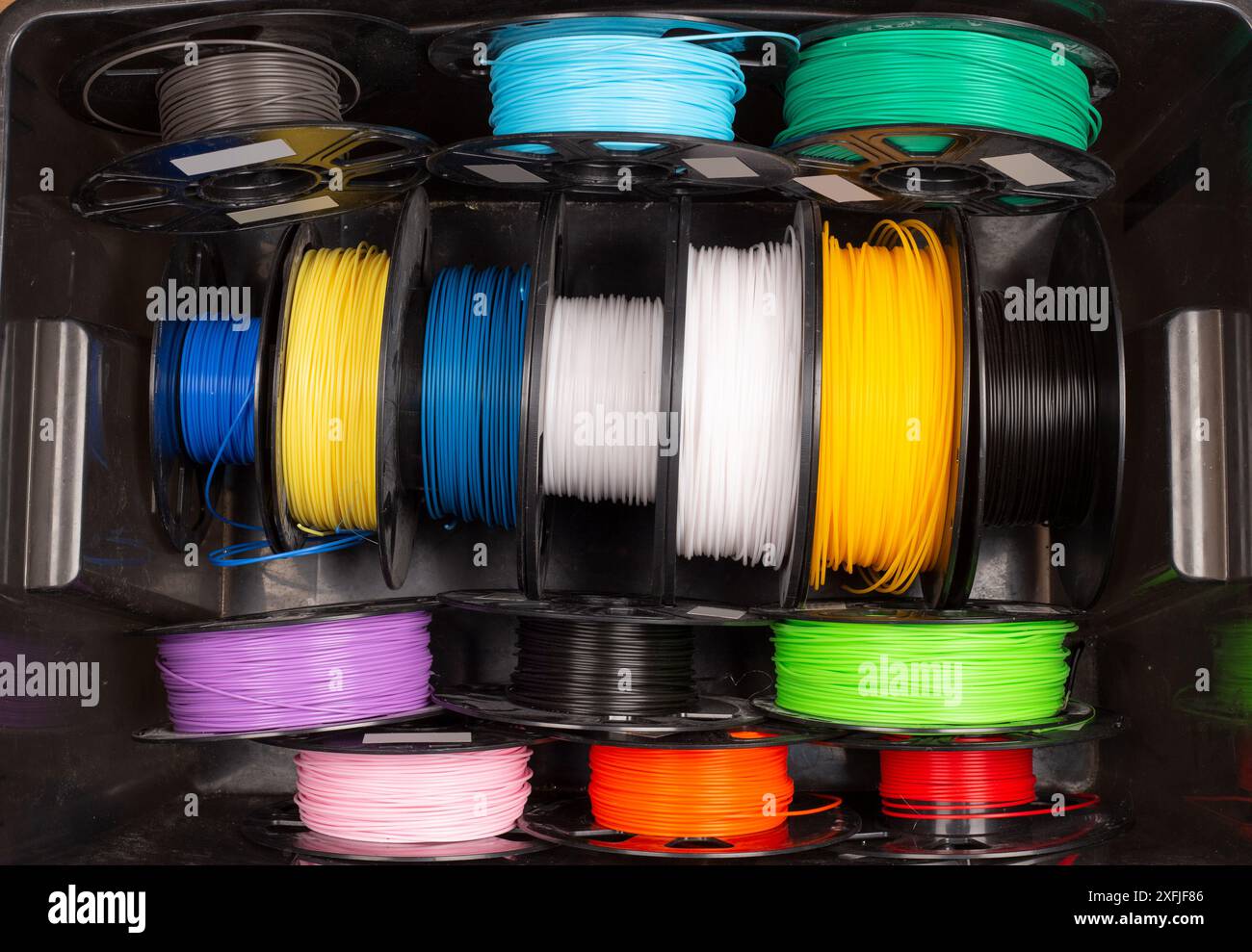 black box filled with colorful 3d printing filament spool like PLA PETG ...