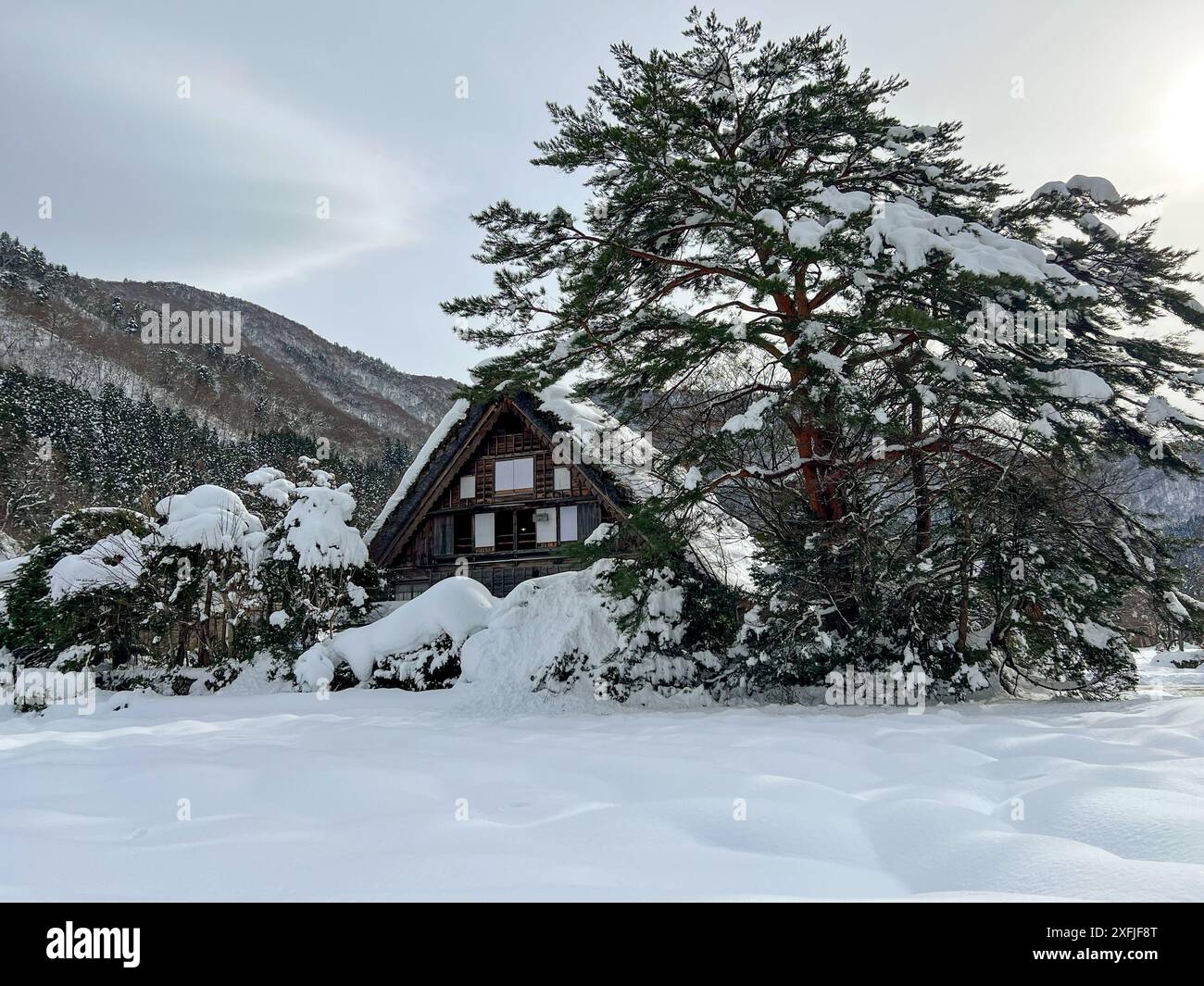 Traditional Japanese gassho-zukuri house surrounded by snow-covered ...